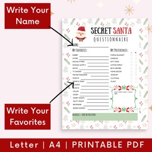Christmas Secret Santa Questionnaire Invitation, Gift Exchange Form ...