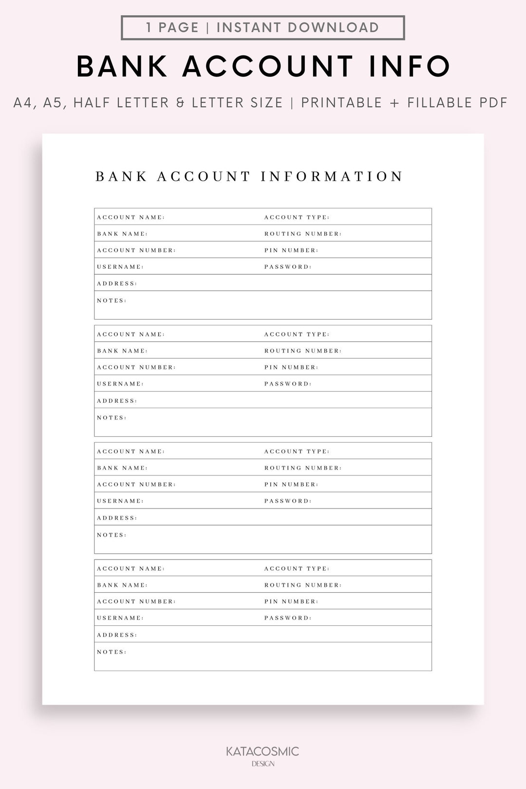 Bank Account Information Tracker Printable, Bank Account Log, Bank ...
