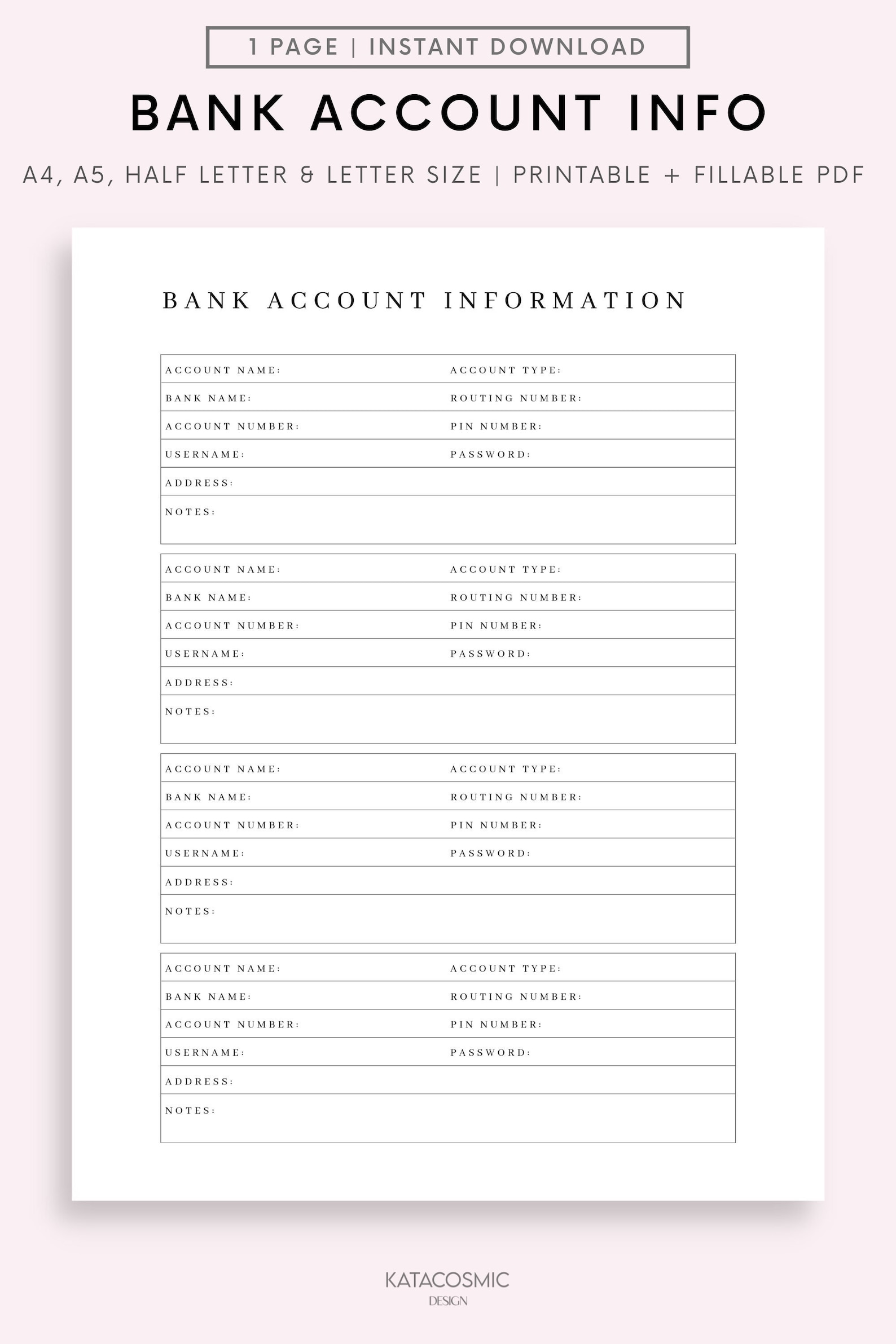 Bank Account Information Tracker Printable, Bank Account Log, Bank ...