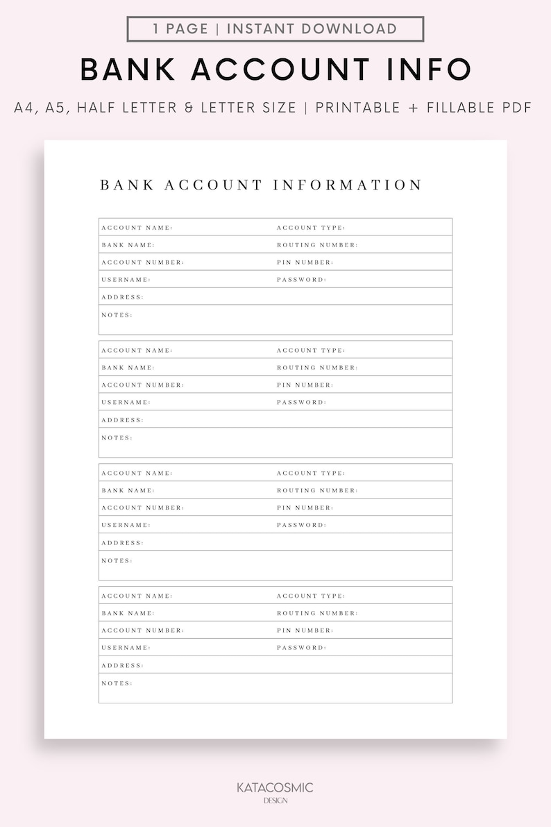Bank Account Information Tracker Printable Bank Account Log - Etsy