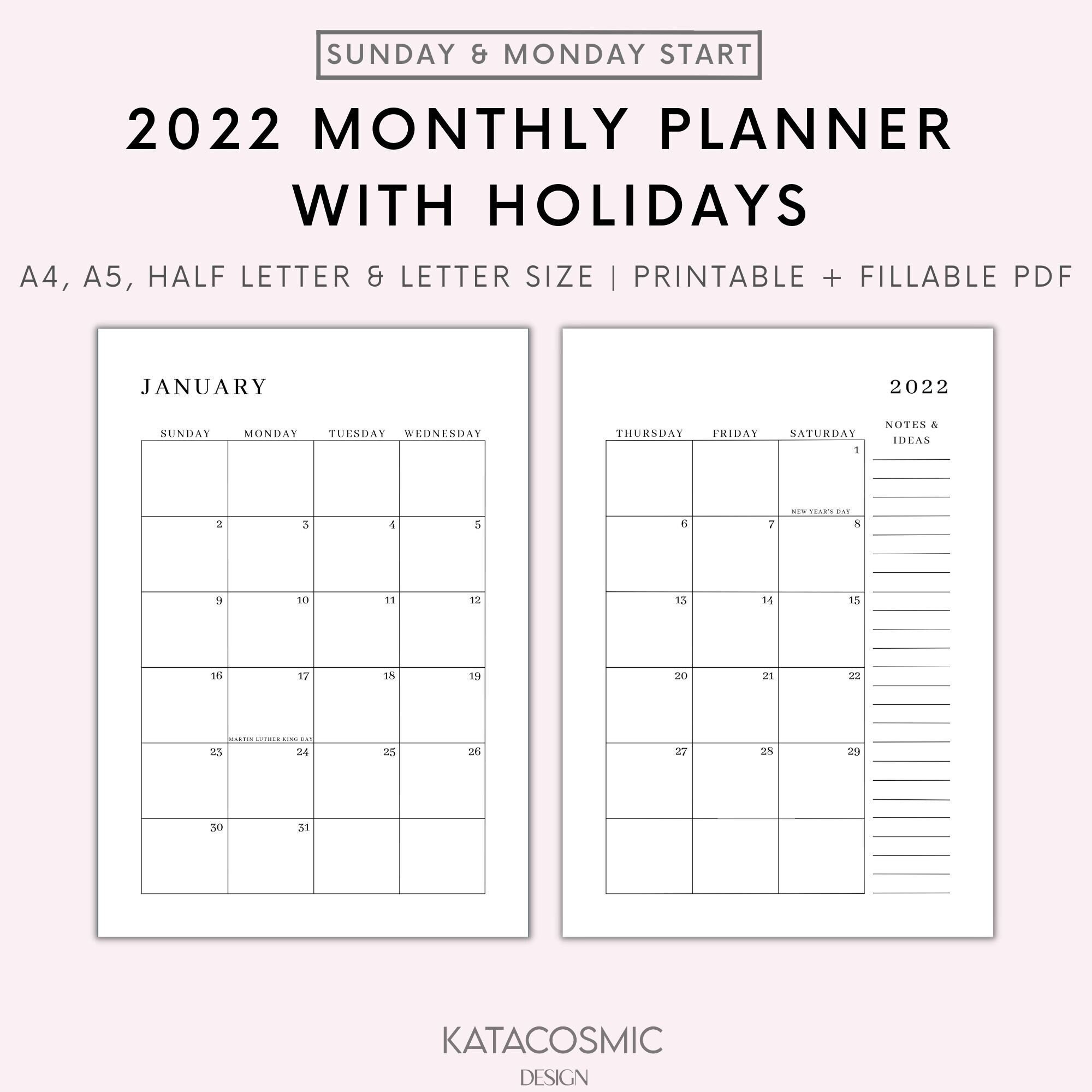 2022 Monthly Calendar With Holidays Printable