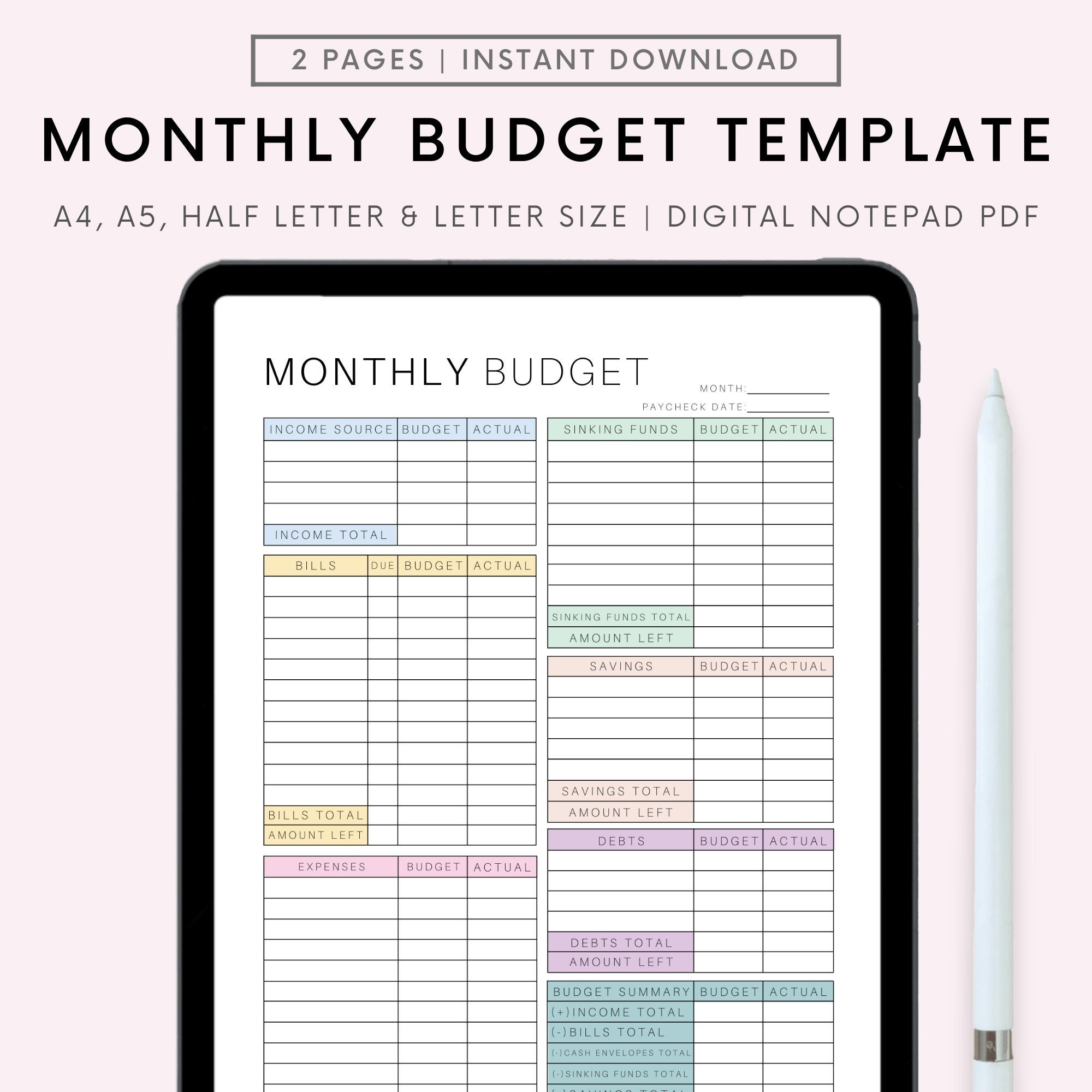 MONTHLY Budget Overview Template Printable, Budget Binder, Budget ...
