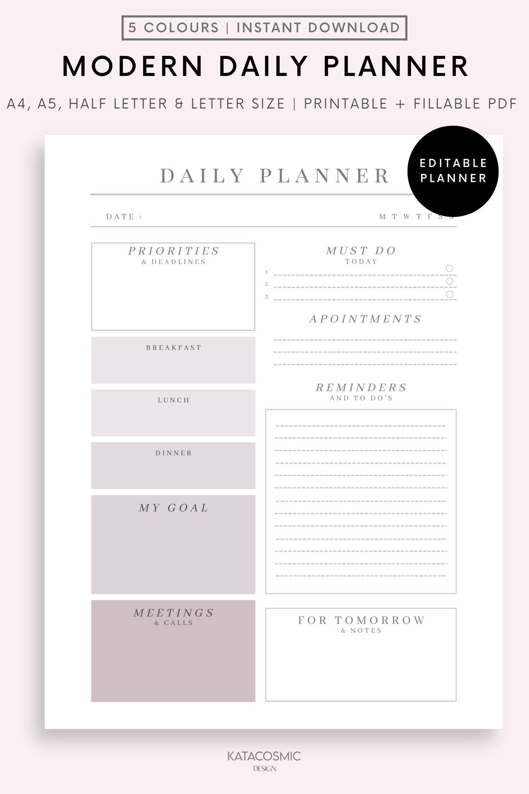 EDITABLE DAILY PLANNER | to Do List | Printable Productivity Day ...