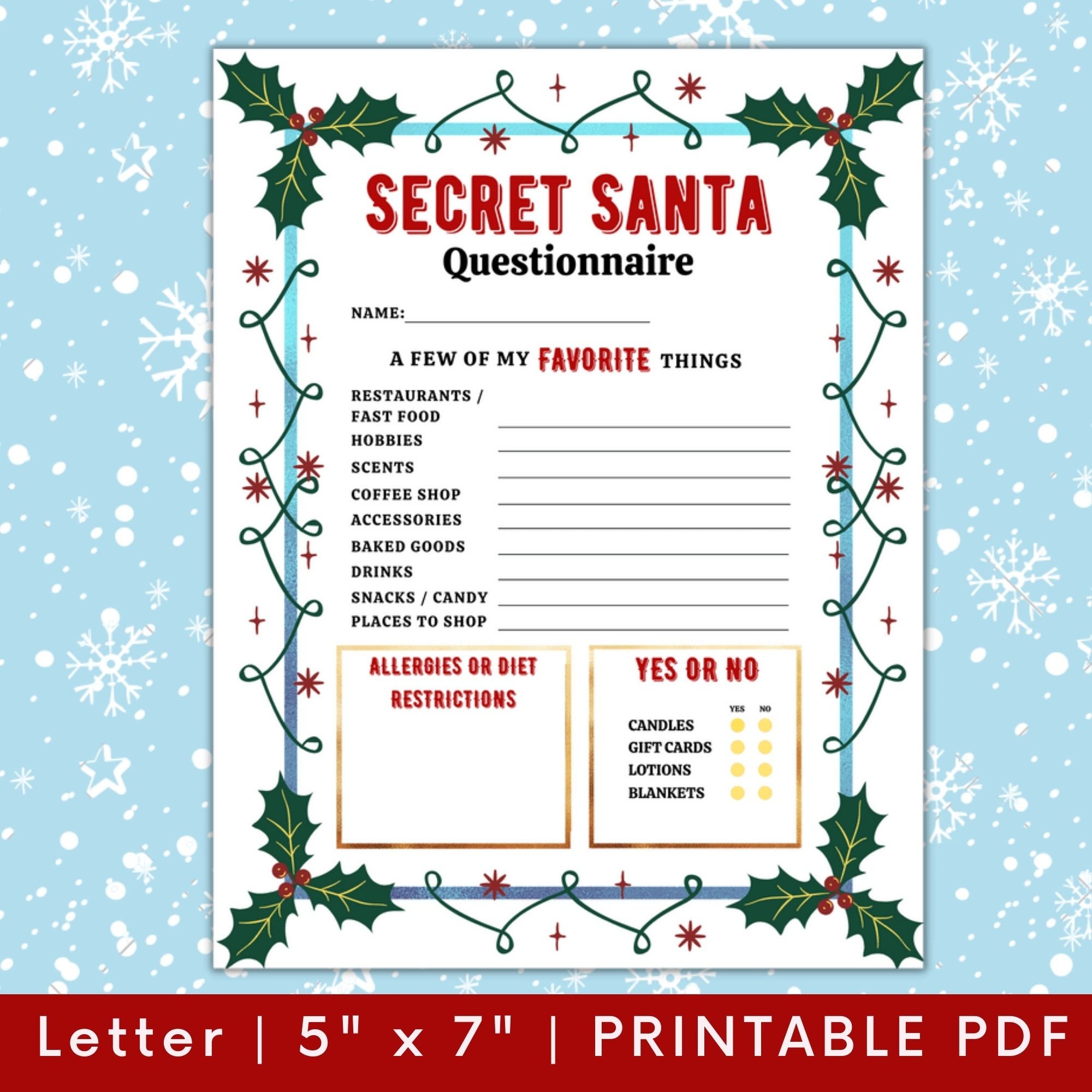 Printable Secret Santa Questionnaire for Christmas Gift Exchange ...