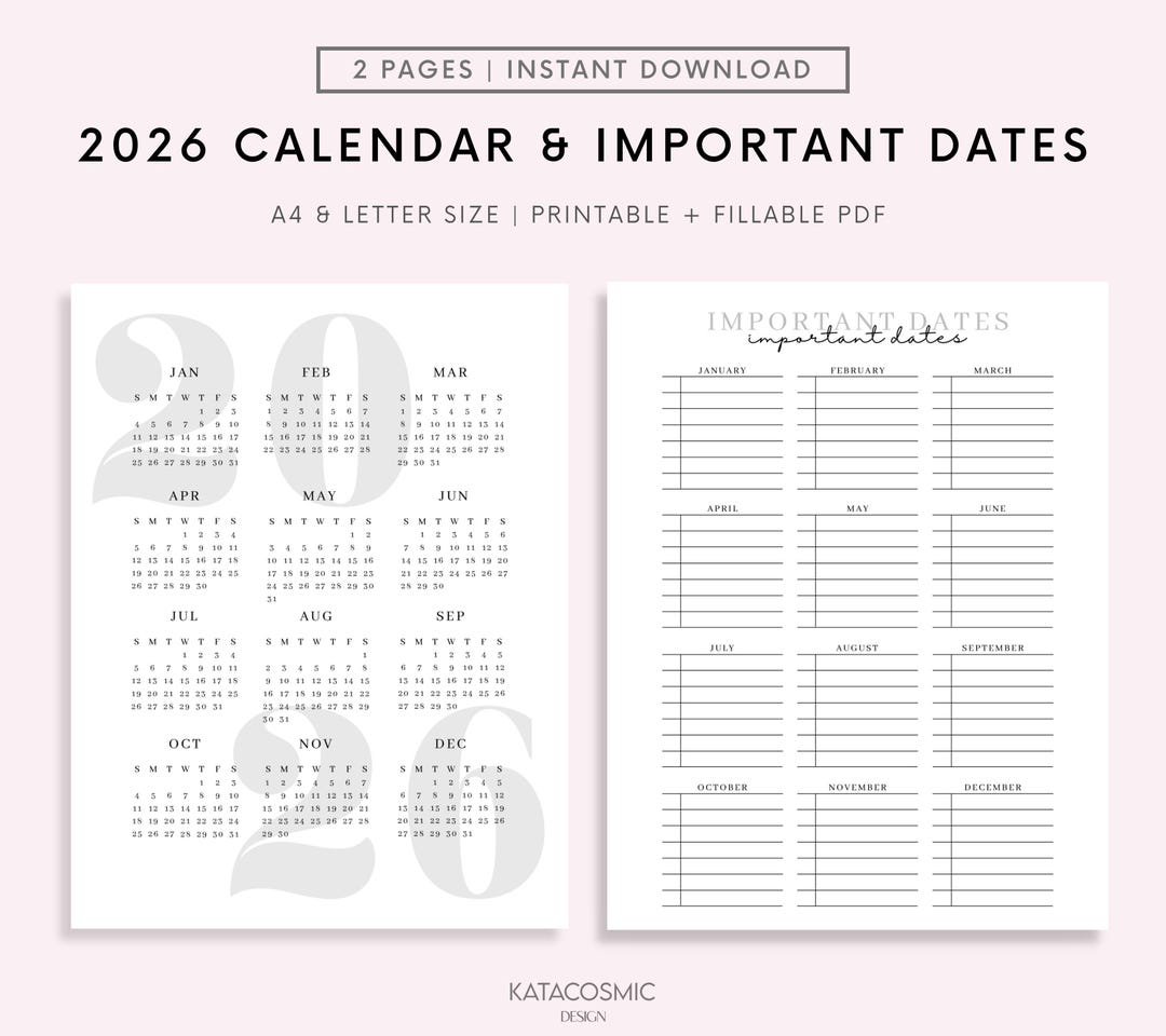 2026 Calendar and Important Dates Page Printable - Birthdays ...