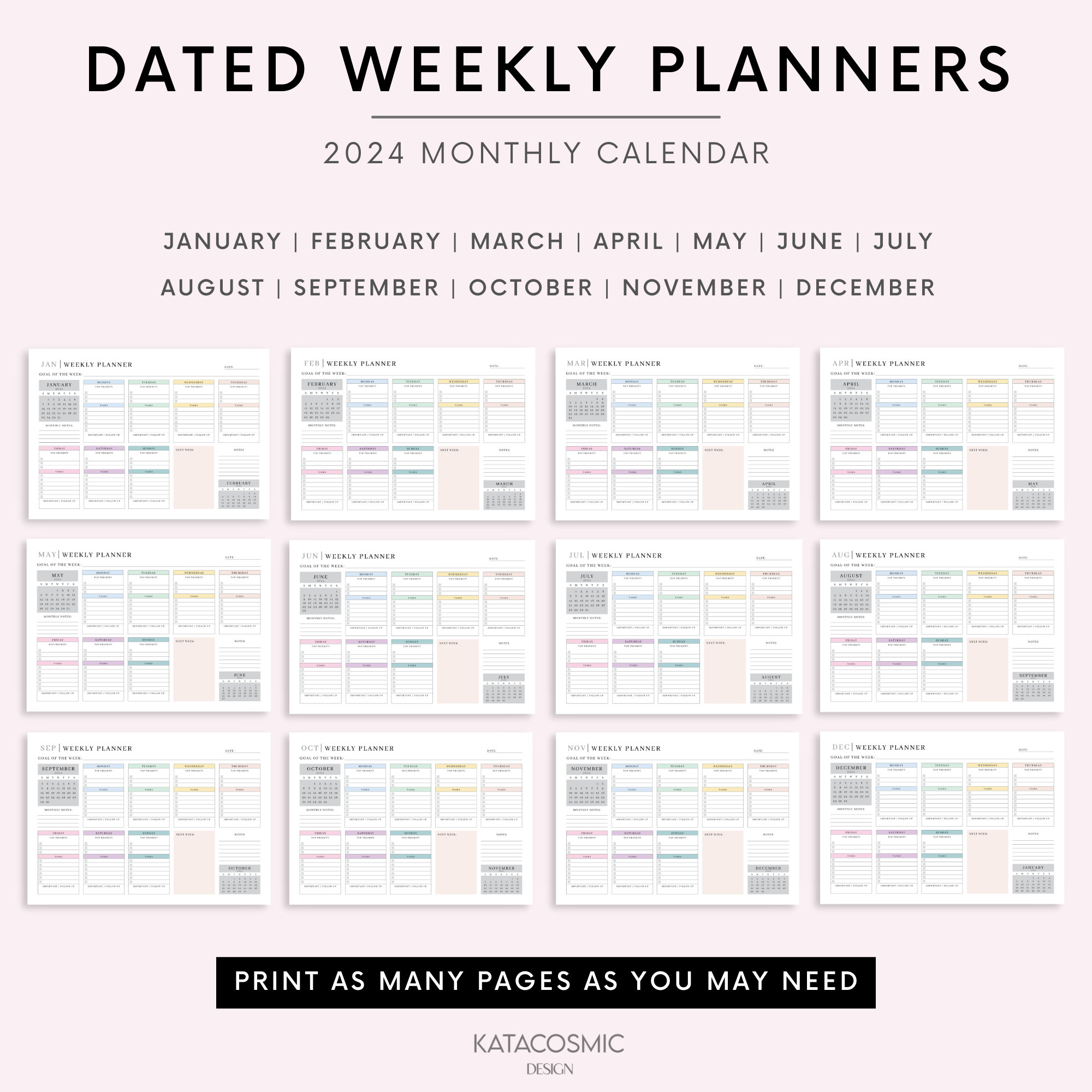 2024 Dated Weekly Planner Printable Landscape, Minimalist Weekly ...