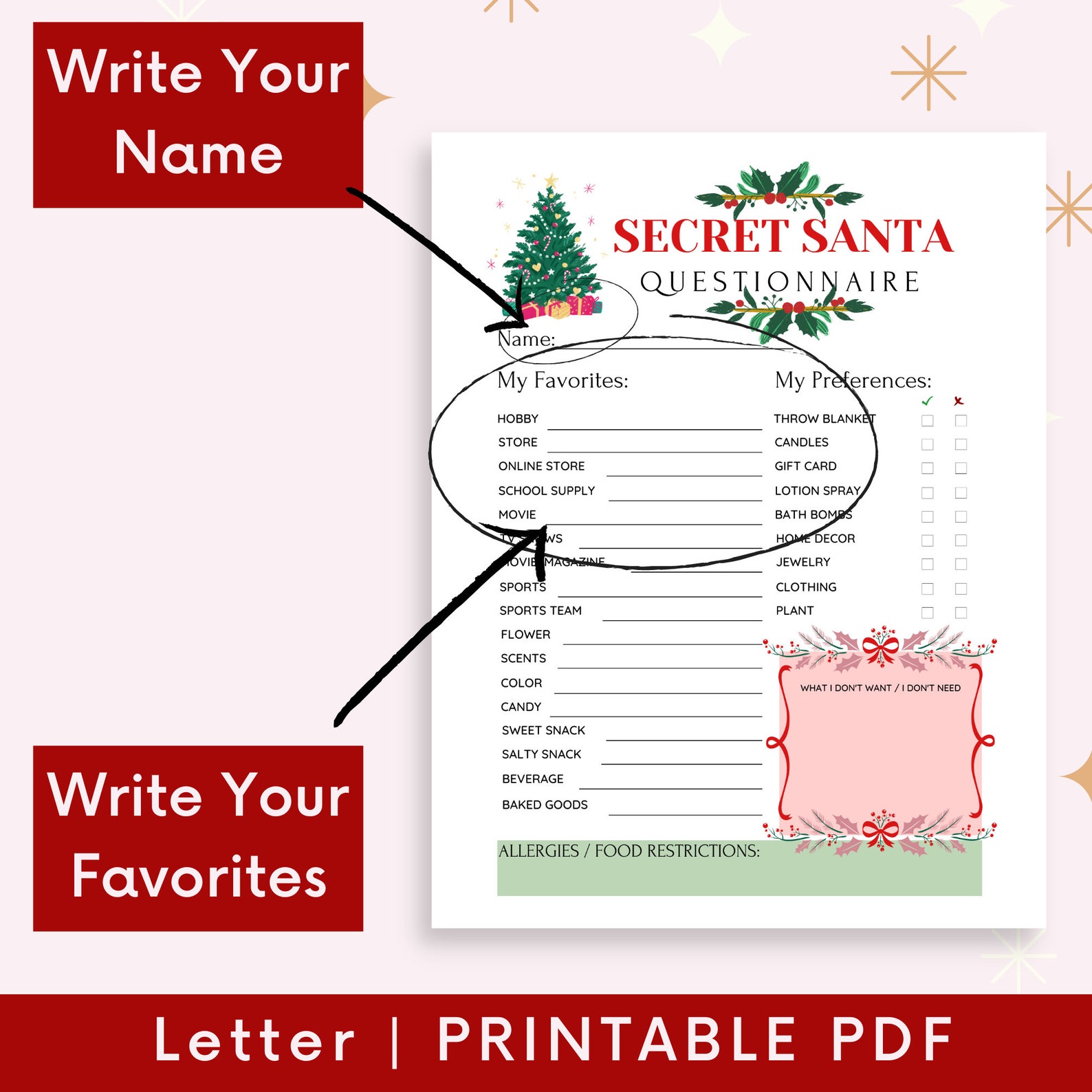 EDITABLE Secret Santa Questionnaire | Printable Questions for Secret ...