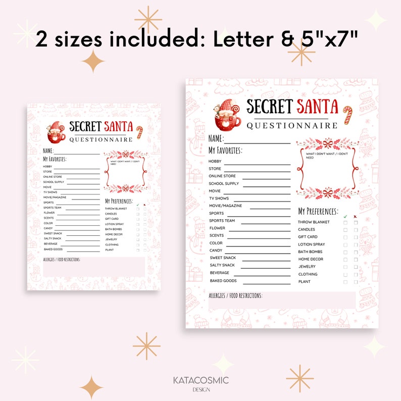 Secret Santa Questionnaire Printable for Work Secret Santa - Etsy