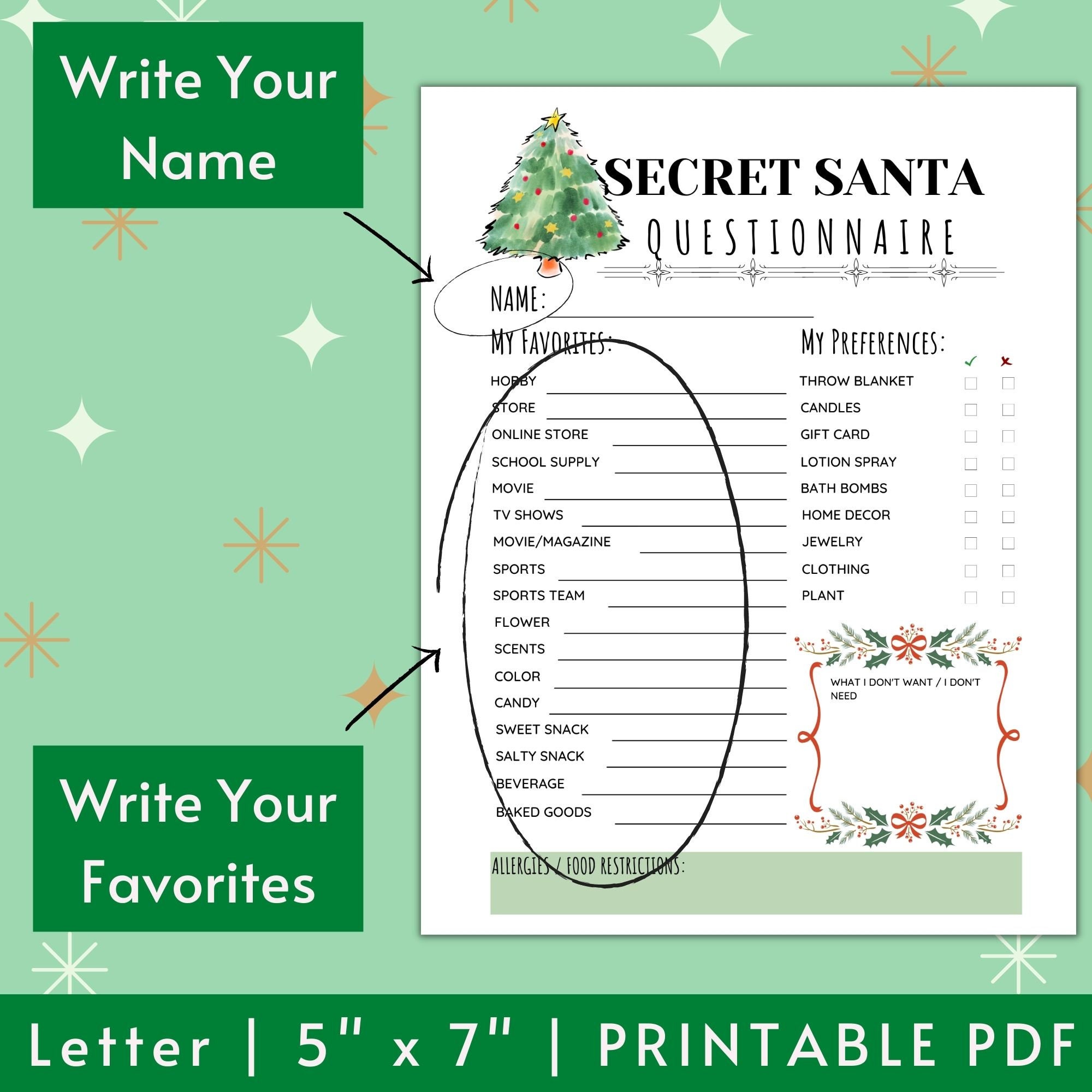 Printable Secret Santa Questionnaire for Christmas Gift Exchange ...