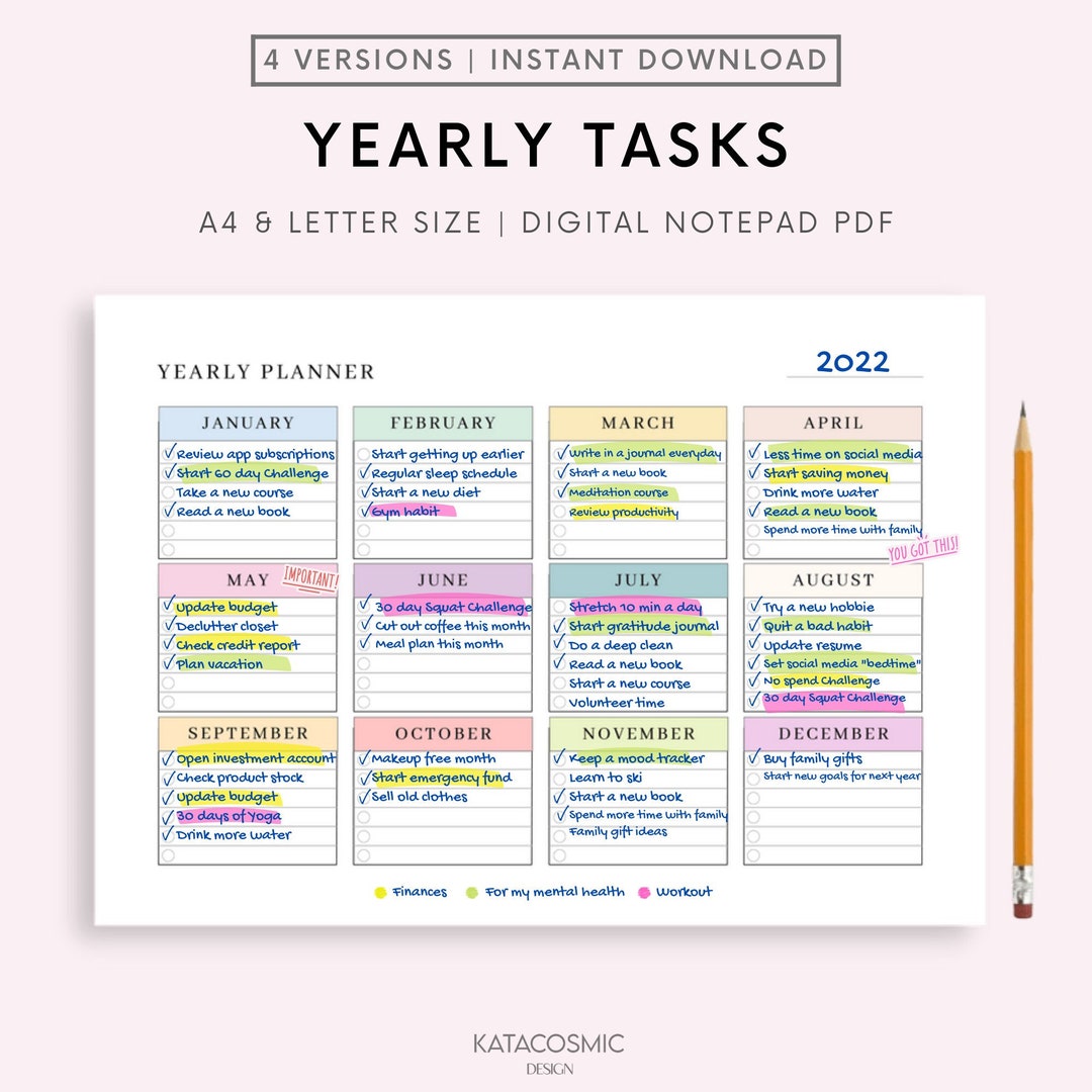 Yearly Tasks Printable Landscape, Yearly to Do List, Minimalist Yearly ...