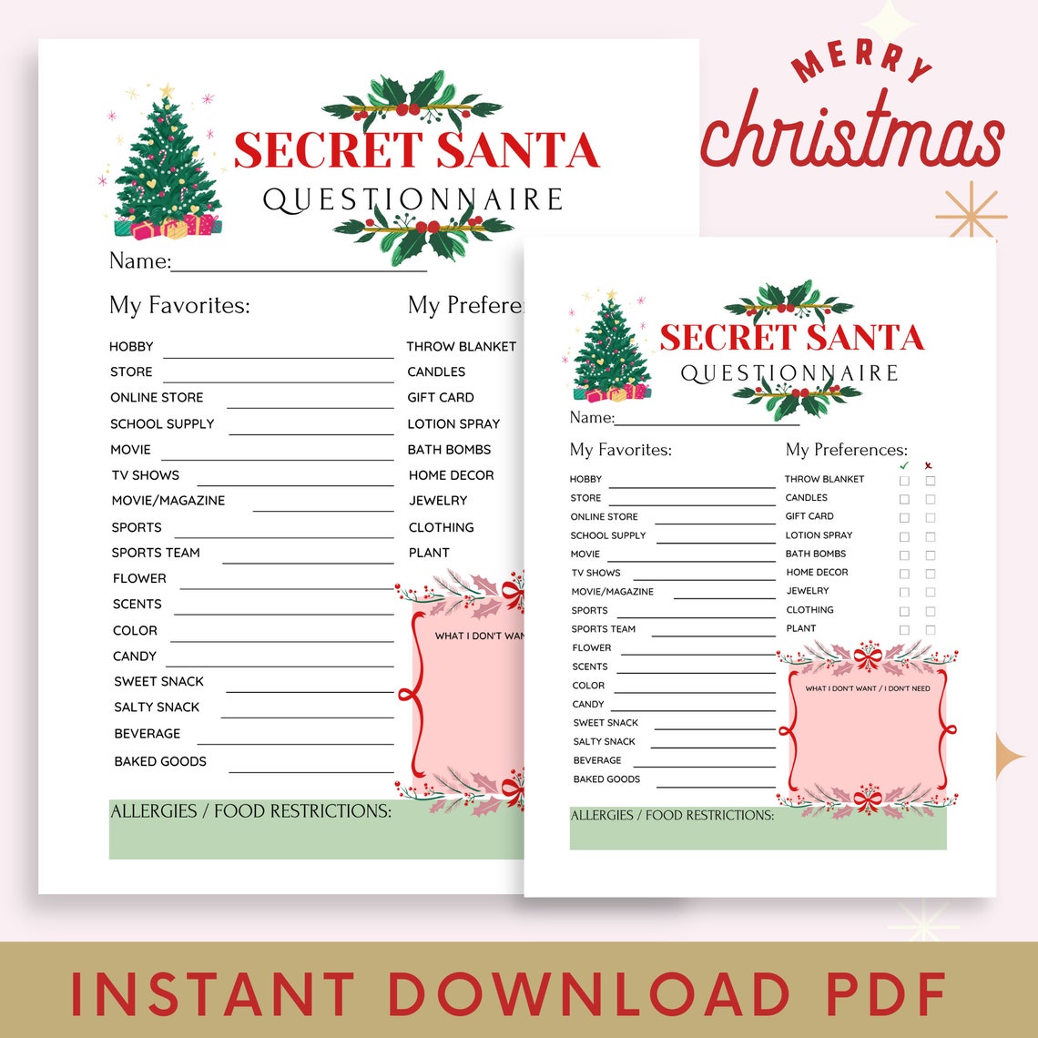 EDITABLE Secret Santa Questionnaire Printable Questions for - Etsy