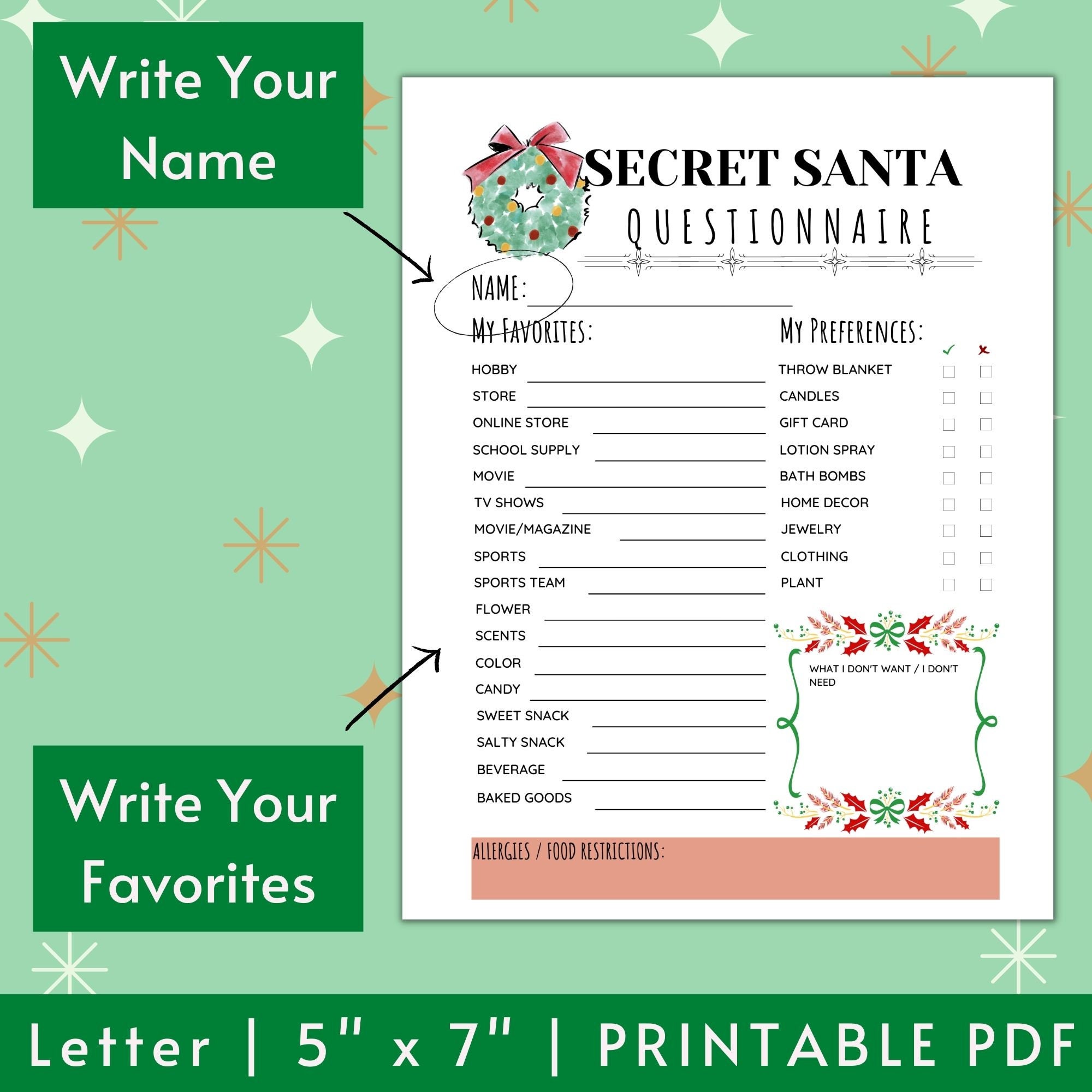 Printable Secret Santa Questionnaire for Work or Family - Etsy