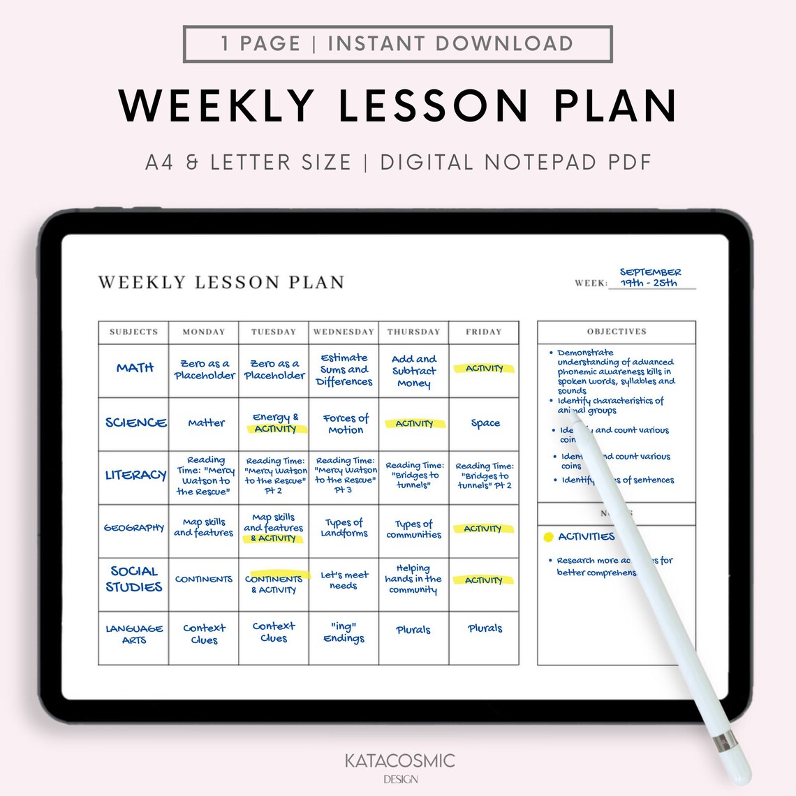 Printable Editable Weekly Lesson Plan Teacher Planner Simple - Etsy