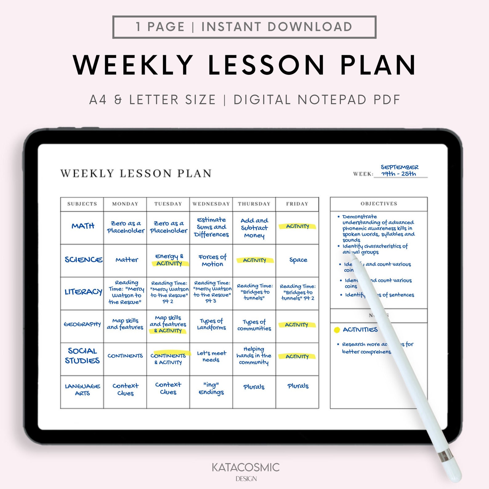 Printable Editable Weekly Lesson Plan Teacher Planner Simple - Etsy