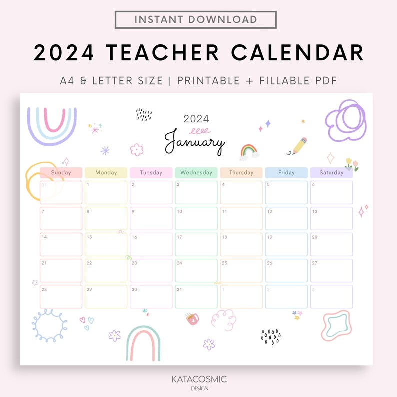 Editable Teacher Calendar 2024, Calendar School Teacher, Wall Calendar ...