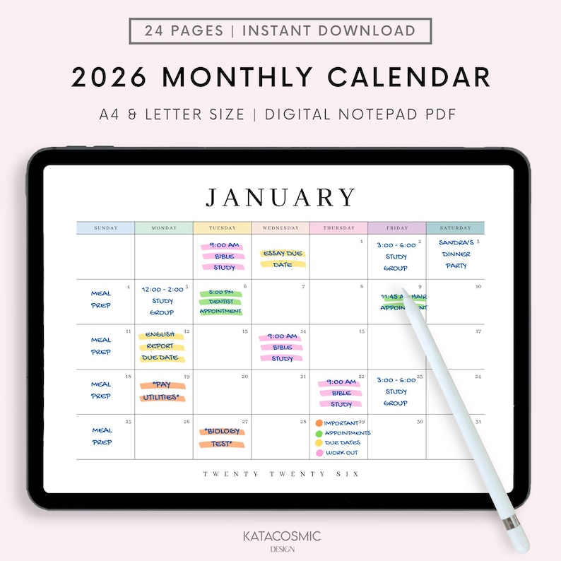 Digital 2026 Monthly Calendar for Goodnotes, Desk Calendar, Minimalist ...