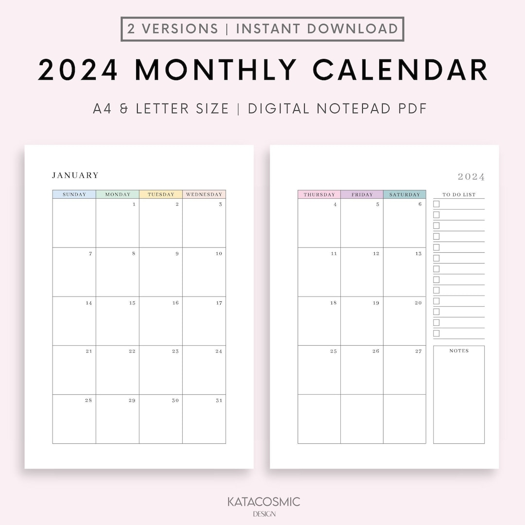 2024 Monthly Calendar Printable, Dated Month on 2 Pages, 2024 Calendar ...