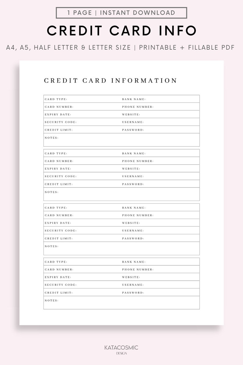 Credit Card Information Tracker Printable & Fillable, Credit Card ...