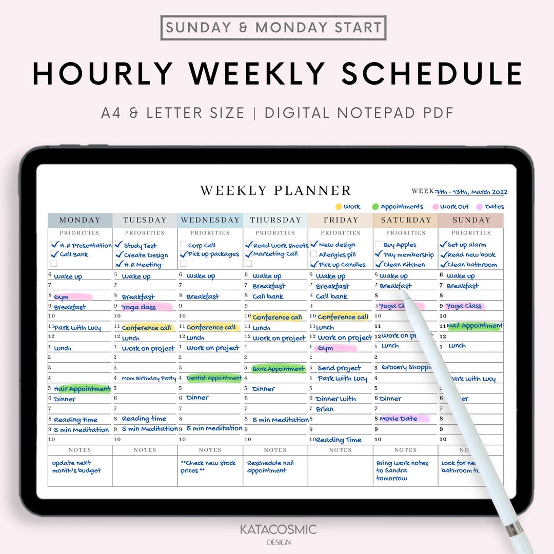 Digital Weekly Schedule for Goodnotes, 24/7 Weekly Timetable, Hourly ...