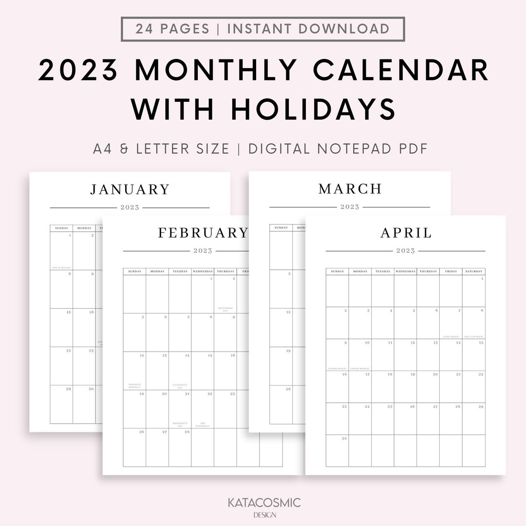 Minimalist 2023 Printable Calendar With Holidays, Simple Calendar ...