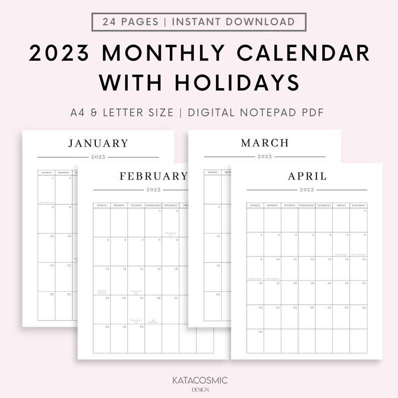 Minimalist 2023 Printable Calendar With Holidays Simple - Etsy