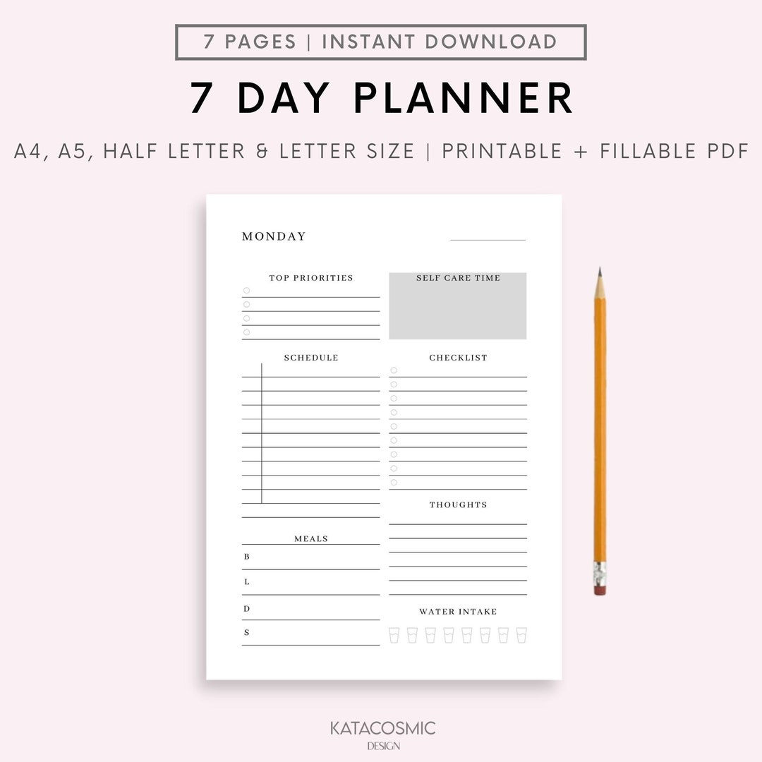 7 Day Planner Printable, Weekly Planner, Daily to Do List for Work ...