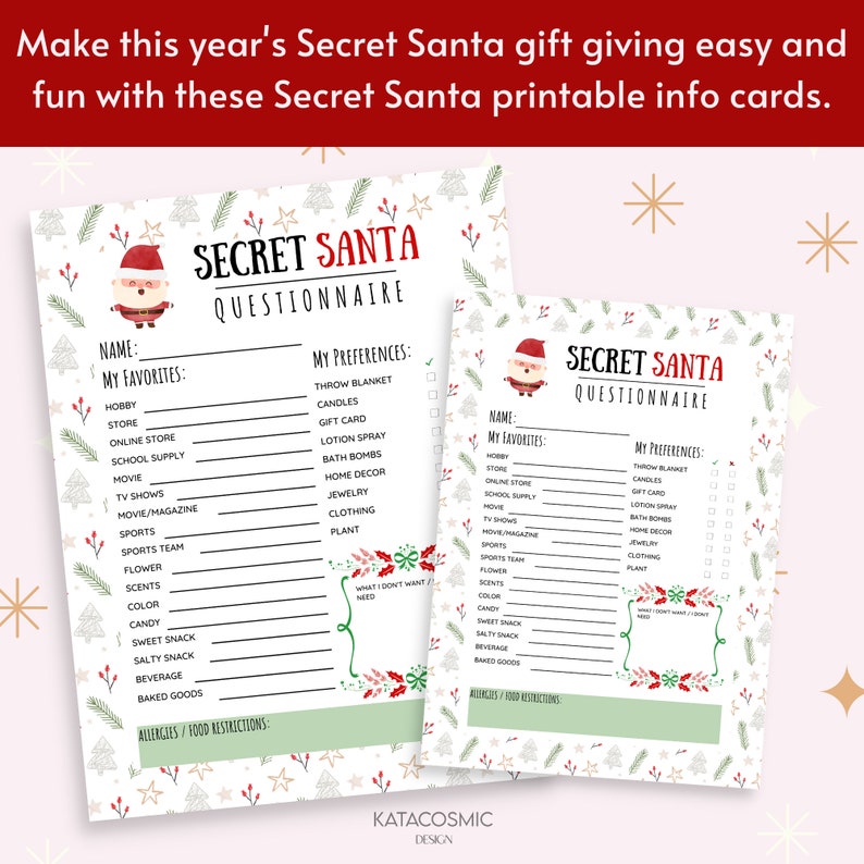 Christmas Secret Santa Questionnaire Invitation, Gift Exchange Form ...