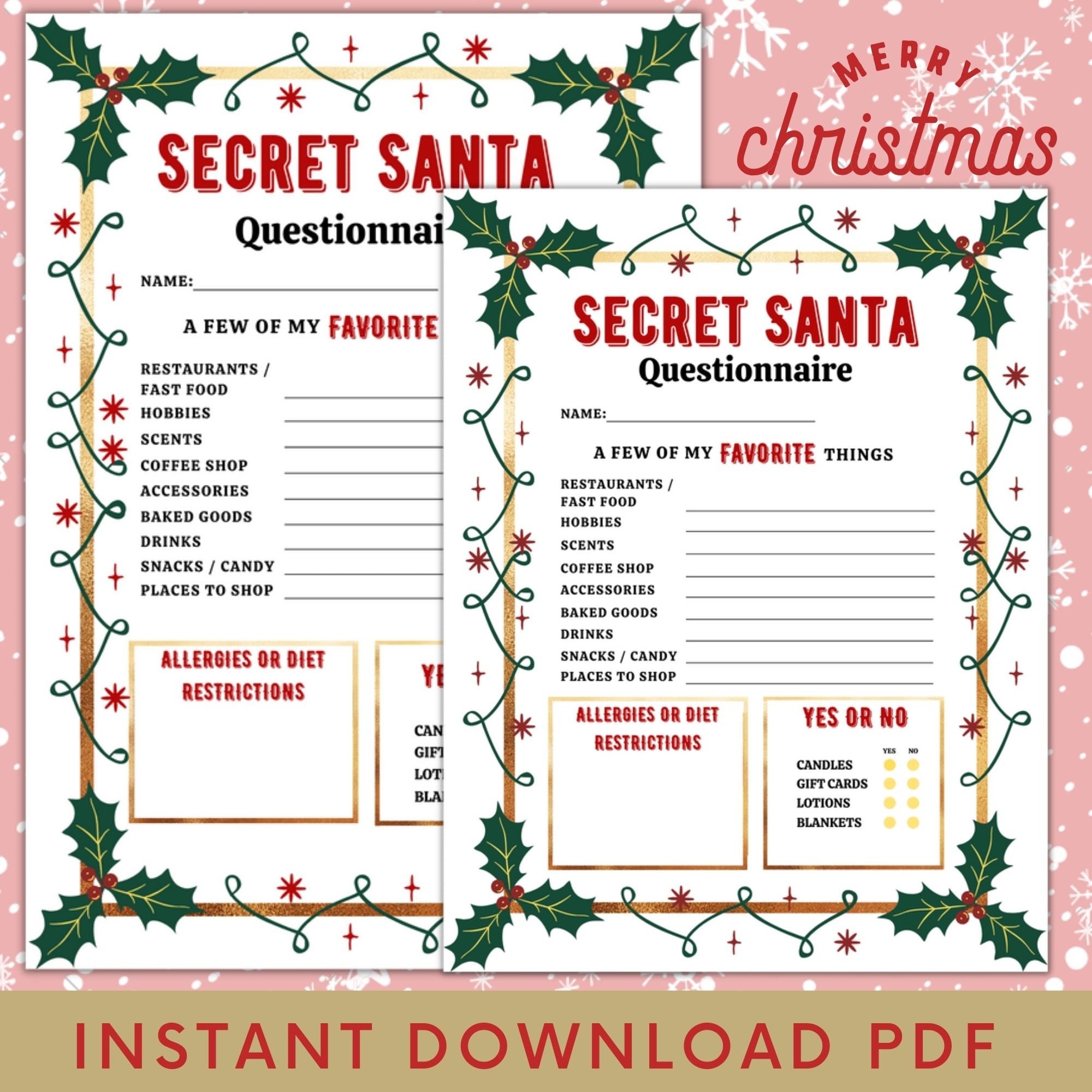 Printable Secret Santa Questionnaire for Christmas Gift Exchange ...