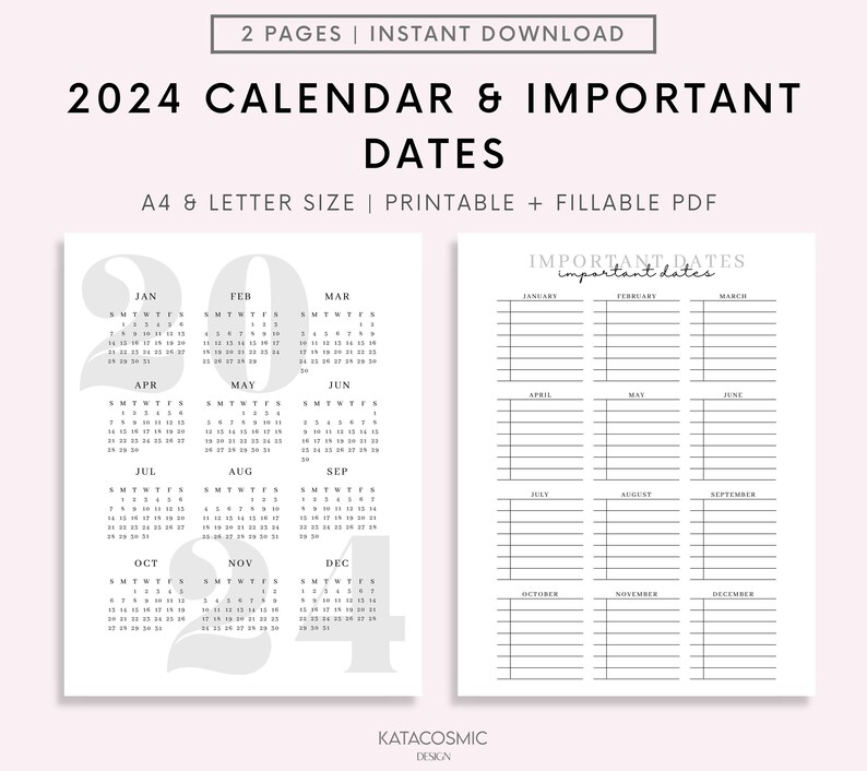 2024 Calendar and Important Dates Page Printable Birthdays - Etsy