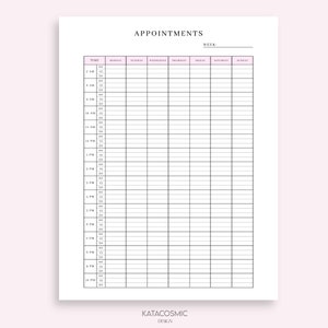 Printable Appointment Book, Print at Home Timeslot Booking Template for ...