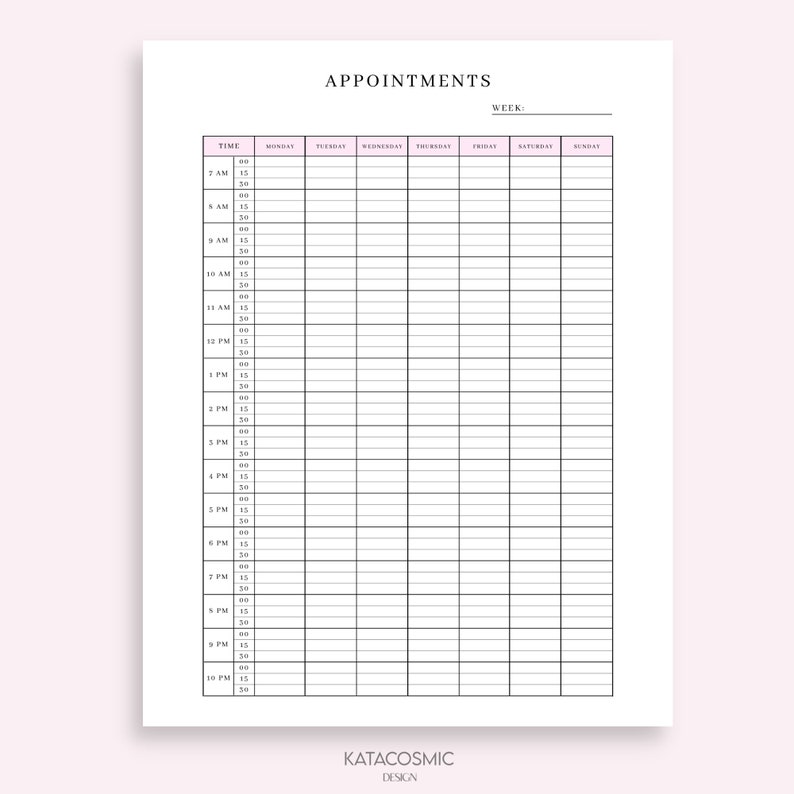 Printable Appointment Book, Print at Home Timeslot Booking Template for ...