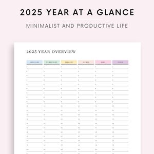 2025 Year at a Glance, Two Page Yearly Planner Printable, 12 Month ...