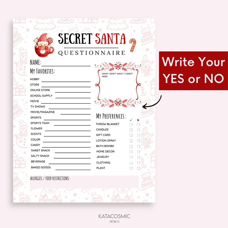 Secret Santa Questionnaire Printable for Work Secret Santa - Etsy