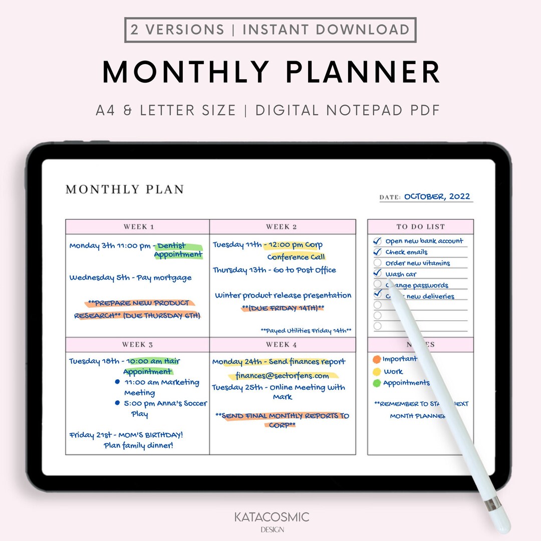 Undated Monthly Planner Printable, Month on Two Pages, Month at a ...