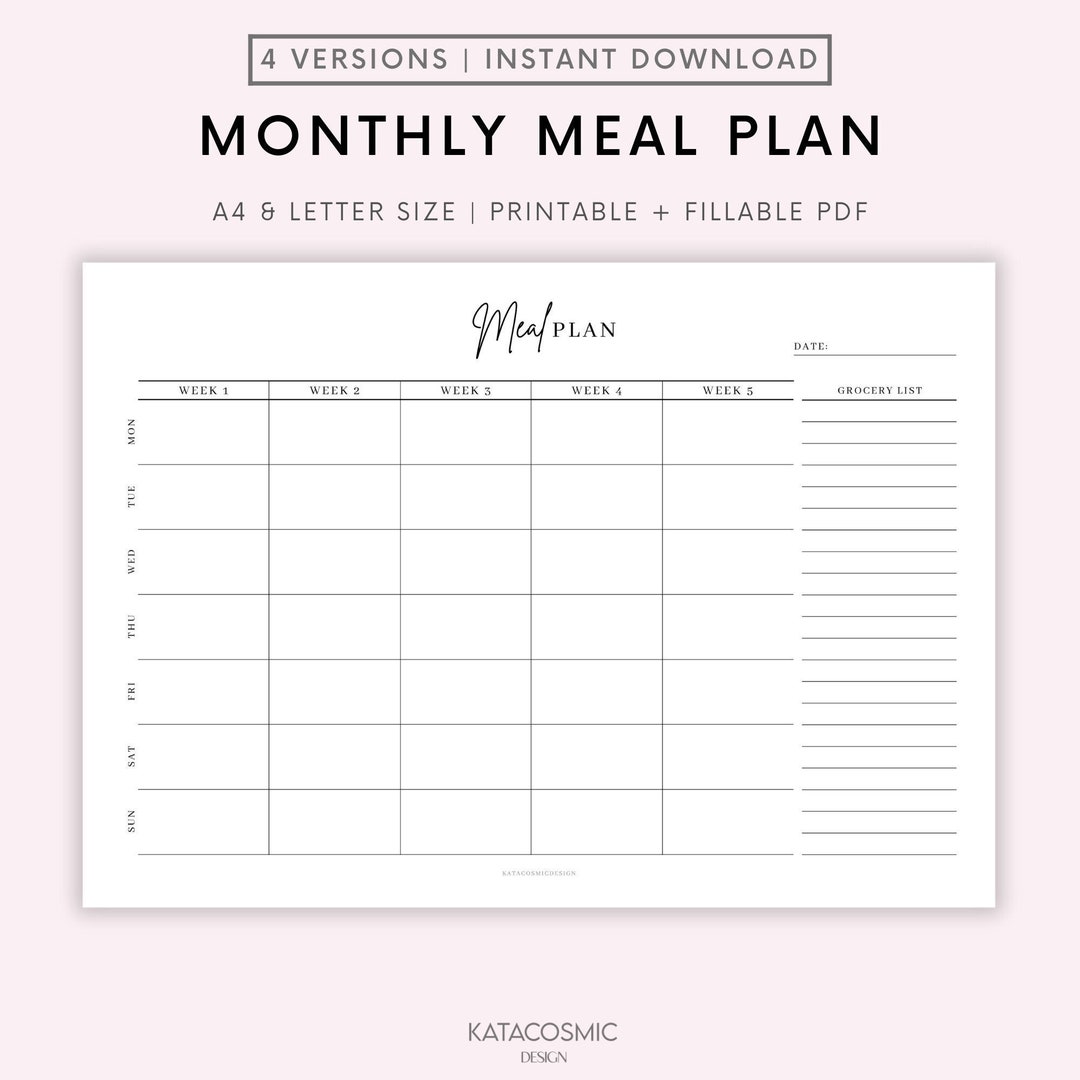 Monthly Meal Planner Printable Landscape, 30 Day Menu Planner, Food ...