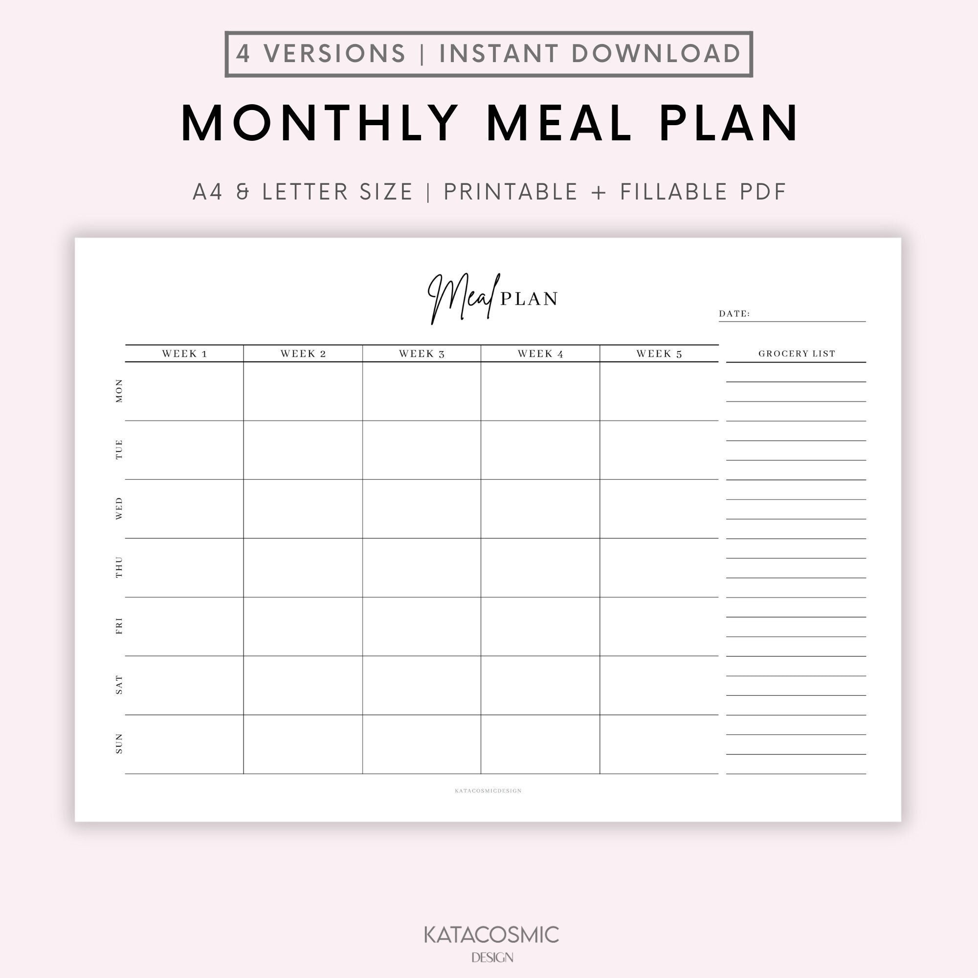 Monthly Meal Planner Printable Landscape, 30 Day Menu Planner, Food ...