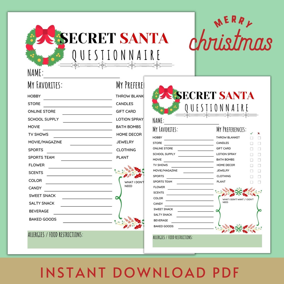 Printable Secret Santa Questionnaire for Christmas Gift Exchange ...