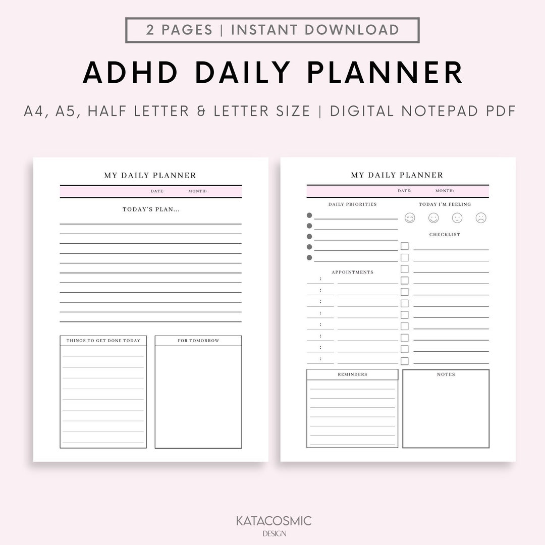 Printable ADHD Daily Planner in Various Different Sizes, Instant ...
