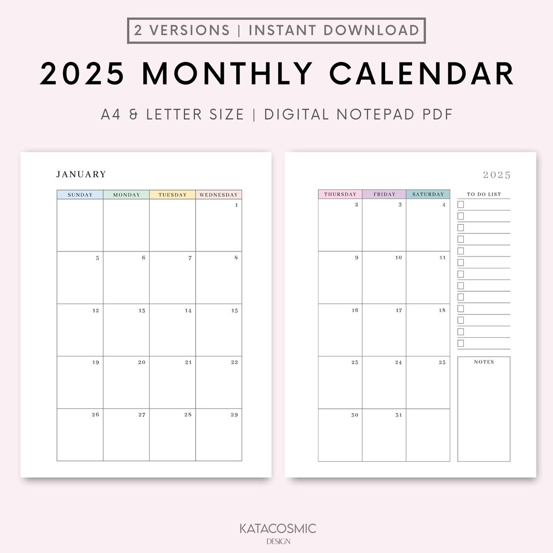 Calendario mensual 2025 imprimible, Planificador de dos páginas por mes, Calendario 2025, Mes de ...