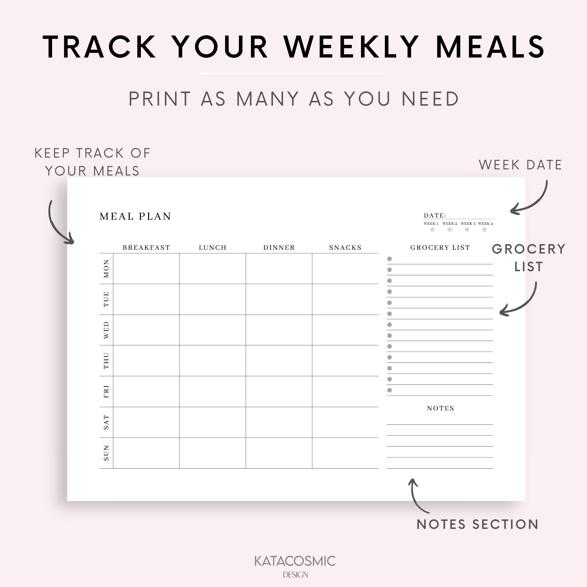 Weekly Menu Planner Grocery List Printable Meal Prep | Etsy