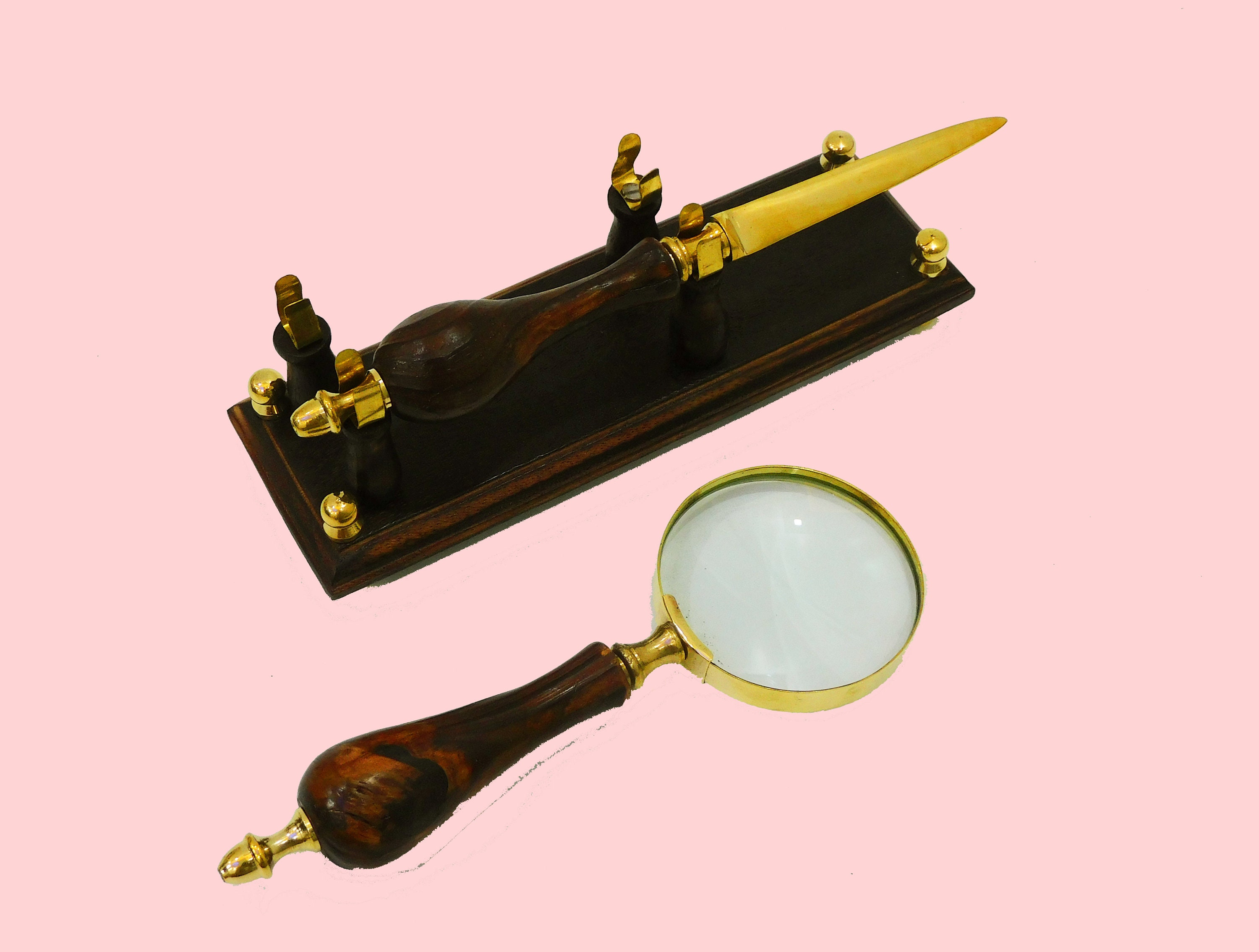 Set of 2 Decorative Olive Wood & Brass Magnifying Glass in | Etsy