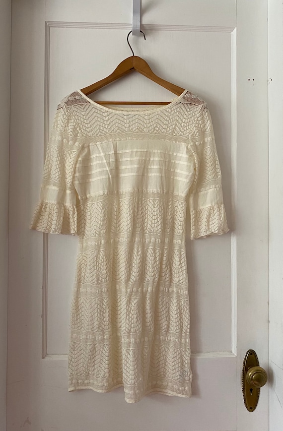 Cream crocheted Summer Dress Small Ruffles Sleeves Be… - Gem