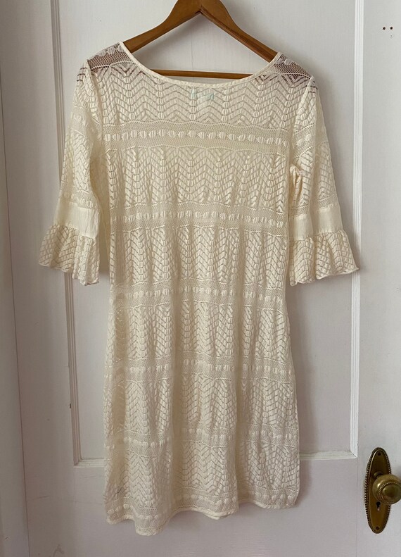 Cream crocheted Summer Dress Small Ruffles Sleeves Be… - Gem