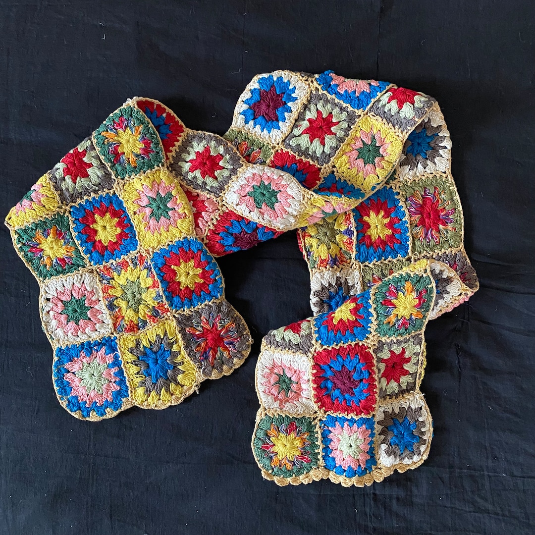 Vintage Granny Square Patch Knit Scarf - Etsy