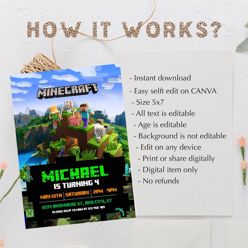 Editable Minecraft Birthday Invitation, Minecraft Birthday Invitation ...