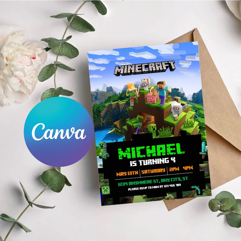 Editable Minecraft Birthday Invitation, Minecraft Birthday Invitation ...