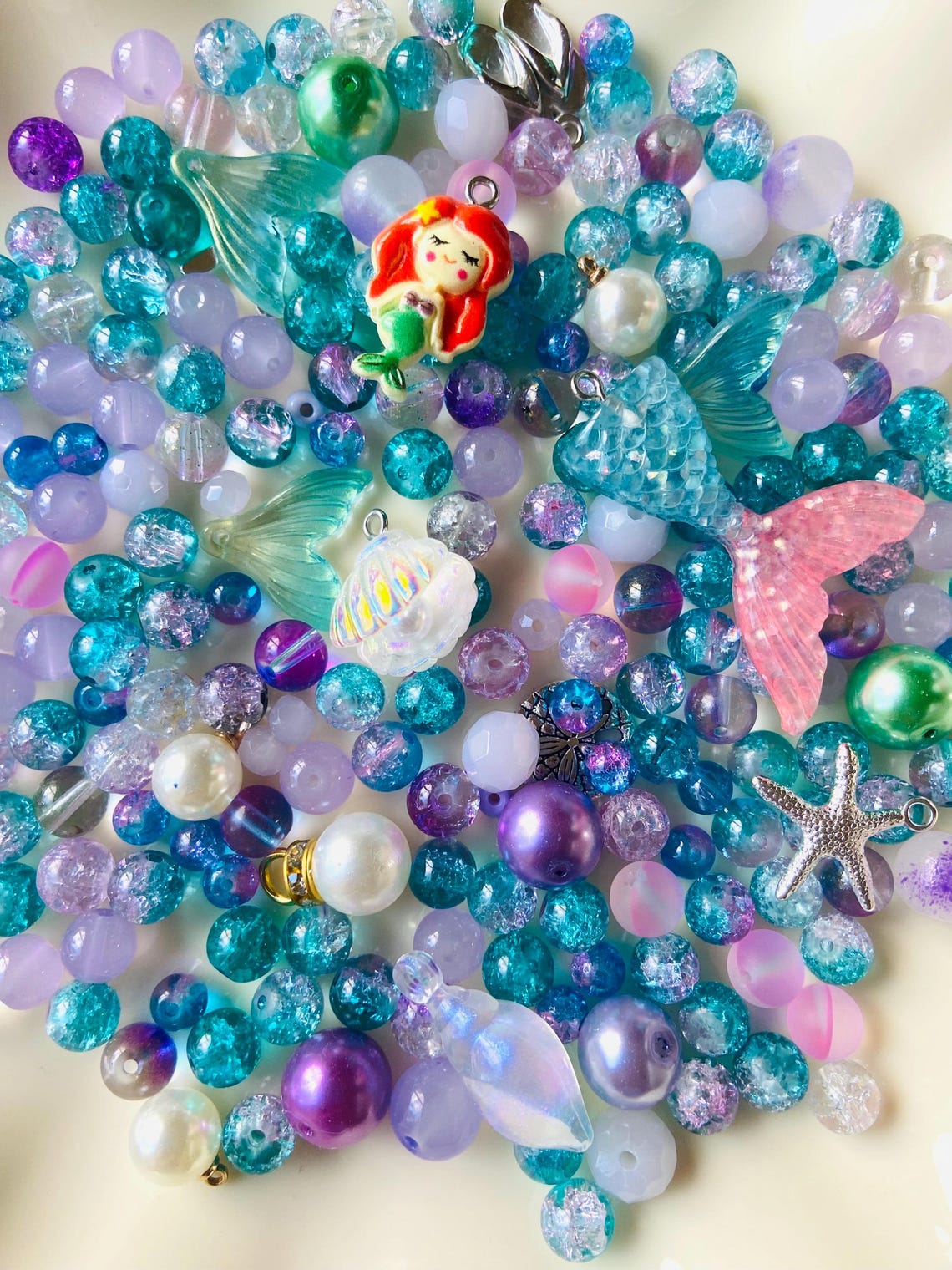 Mermaid Glass Bead Mix, Mermaid Theme Glass Beads, Mermaid Charms, Bead ...