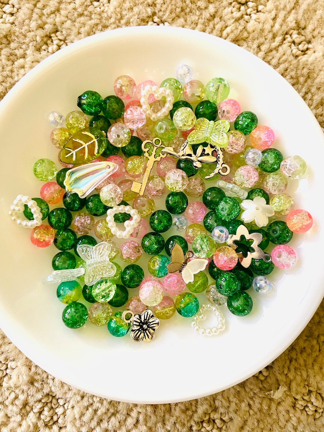 Glass Bead Mix-fairycore Green Pink, Aesthetic Glass Acrylic Bead Mix ...