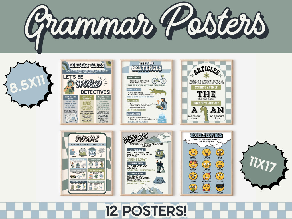 Grammar Posters for Classroom, Blue and Green Retro Grammar Posters ...