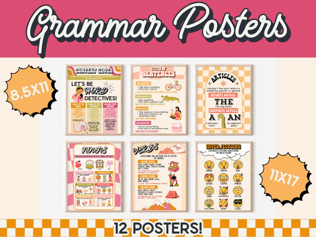 Grammar Posters for Classroom, Pink and Orange Retro Grammar Posters ...